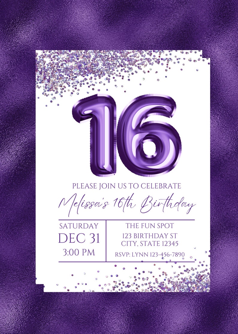 Editable 16th Birthday Invitation, Sweet 16, Purple and White ...