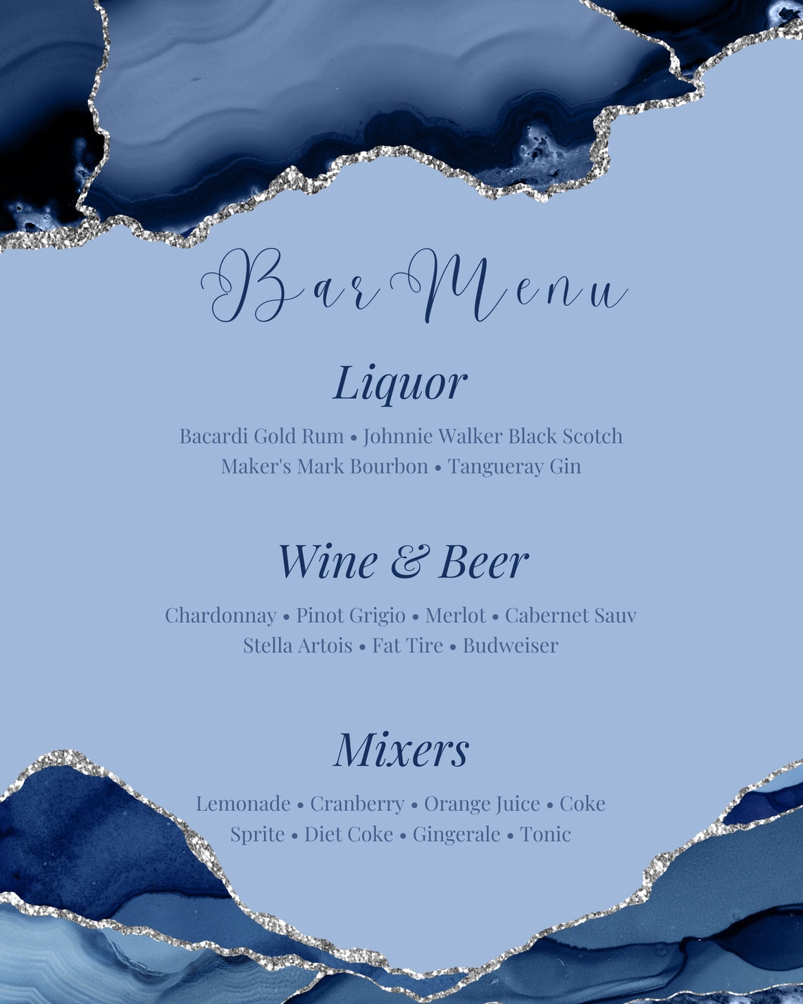 Editable Blue and Silver Bar Menu Card Template, Full Size Menu, Table ...