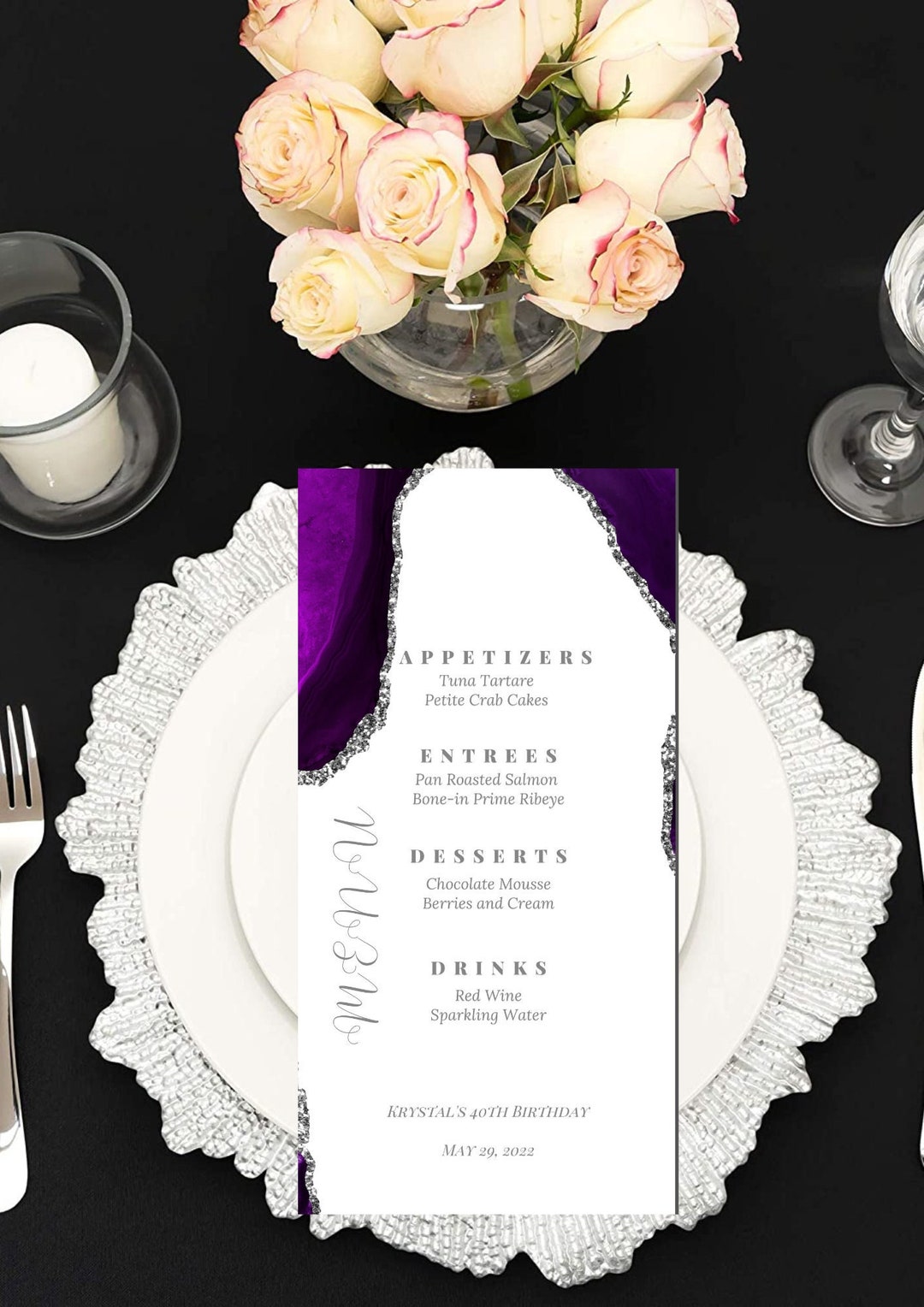 Editable Birthday Party Menu Card Template, Purple, White and Silver ...