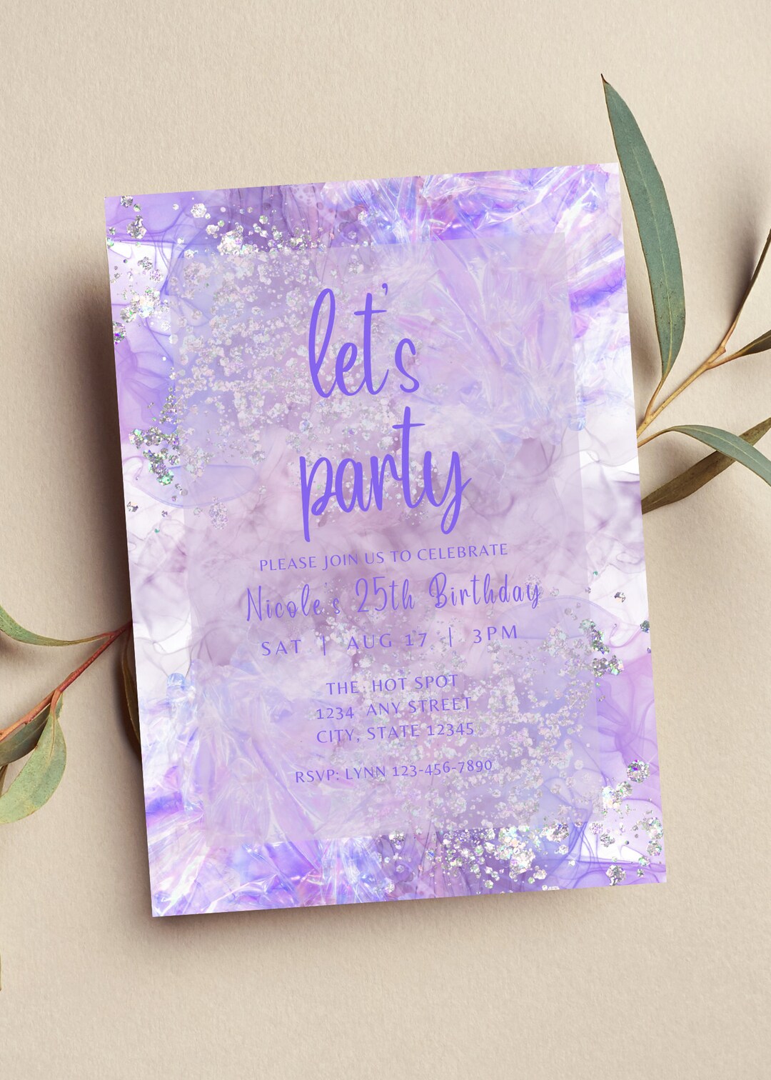 Editable Let's Party Invitation, Purple Birthday Invite, Glam, Lavender ...