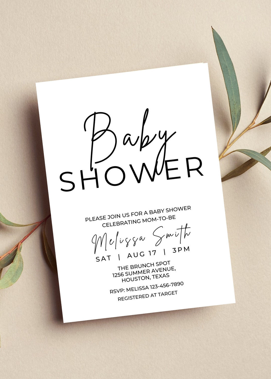 Editable Baby Shower Invitation, Minimalist, White, Simple, Printable ...