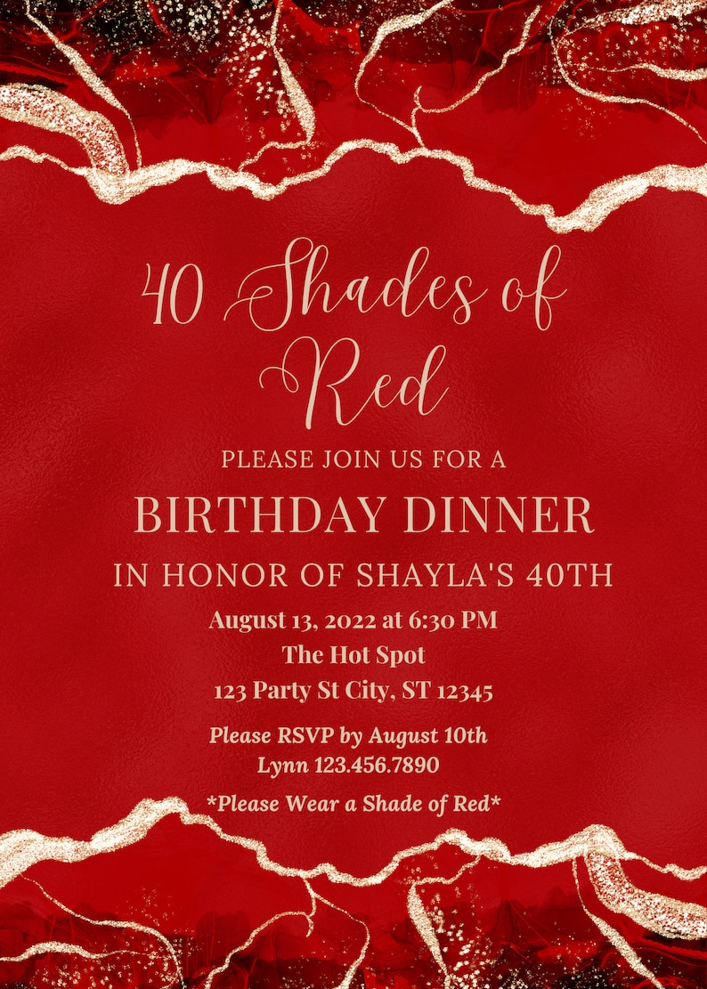 Editable Shades of Red Invitation Agate Birthday Dinner - Etsy