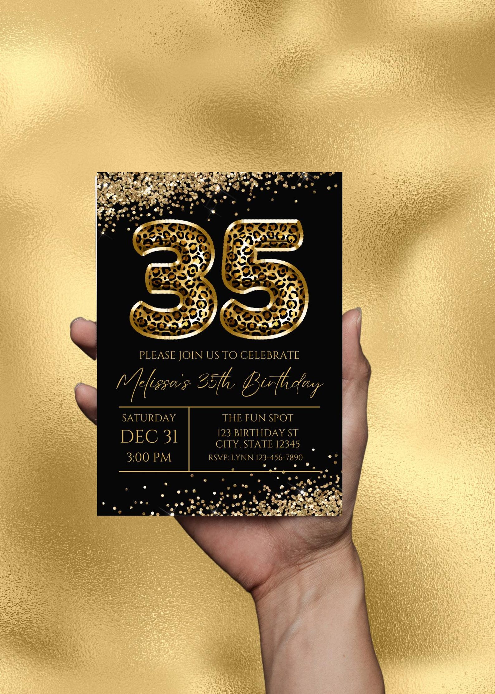 Editable 35th Birthday Invitation, Leopard Print, Black and Gold ...