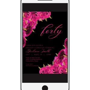Editable Hot Pink, Gold, and Black Birthday Invitation, Floral Invite ...