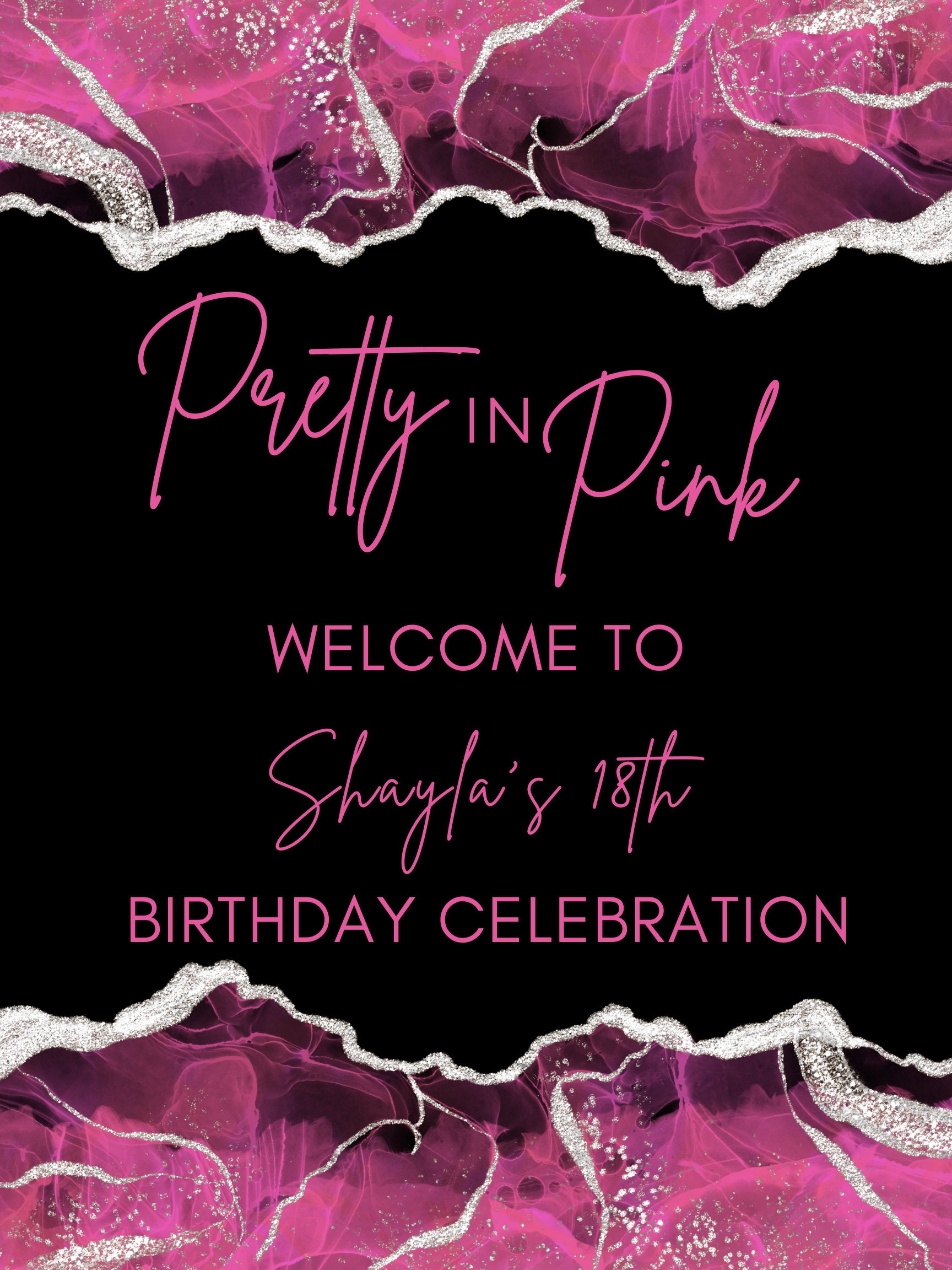 Editable Pretty in Pink Birthday Welcome Sign, Pink, Silver and Black ...