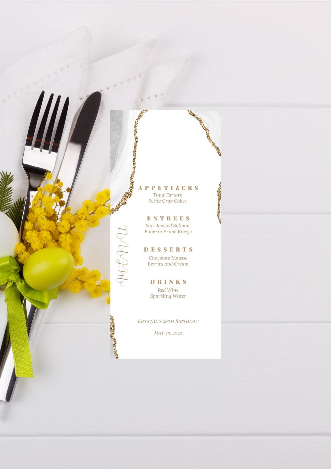 Editable Menu Card Template, White and Gold, Wedding Menu, Birthday ...