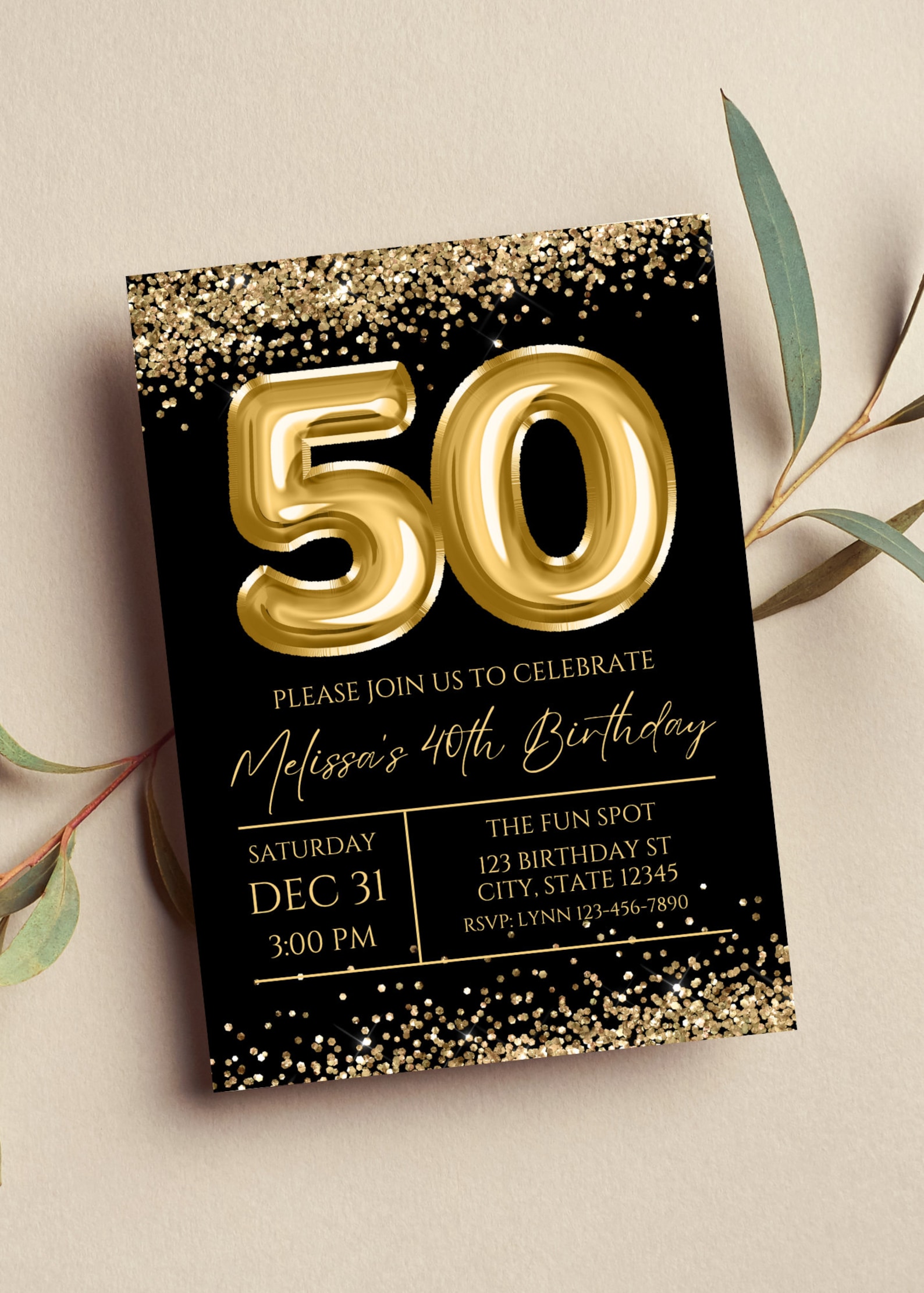 Editable 50th Birthday Invitation Gold and Black Invitation - Etsy