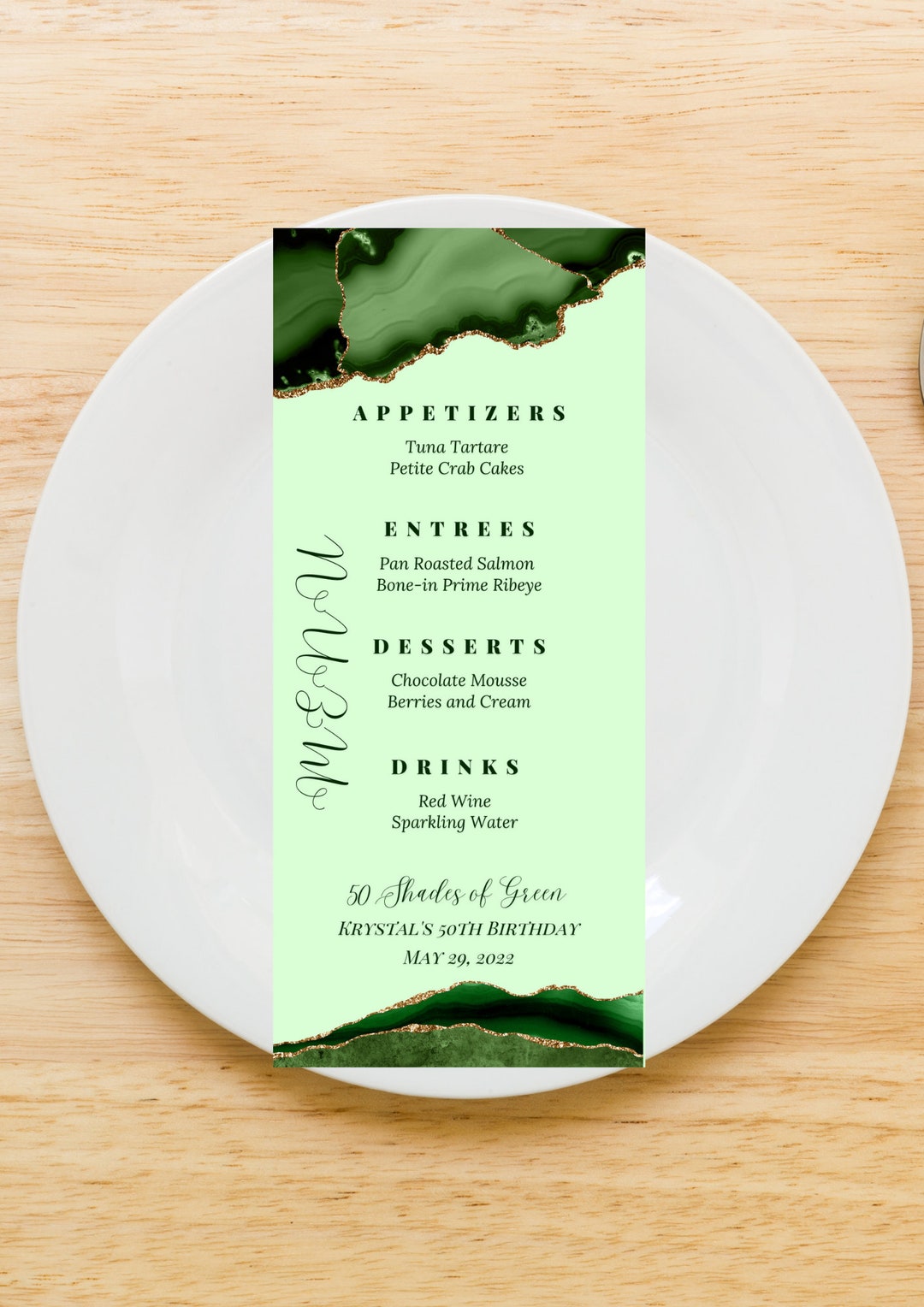 Editable Shades of Green Menu Card Template, Green and Gold, Green Menu ...