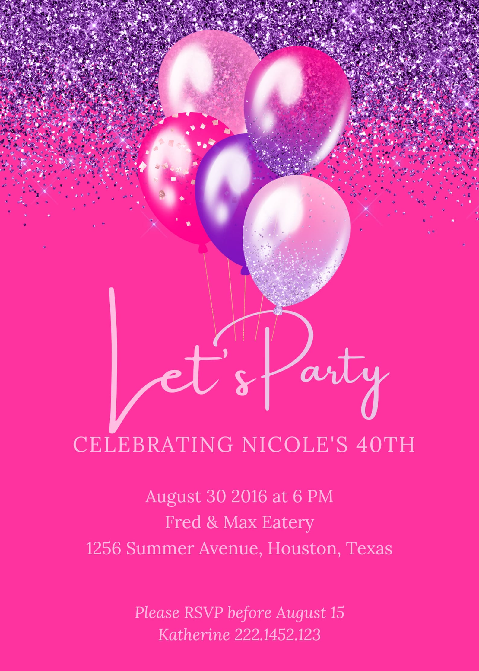 Editable Pink and Purple Birthday Invitation, Let's Party Pink and ...