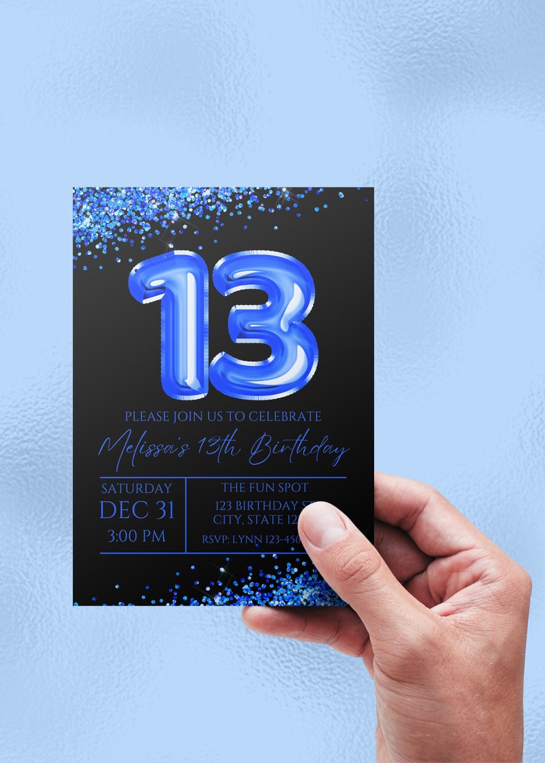 Editable 13th Birthday Invitation, Blue and Black Invitation, Blue 13 ...