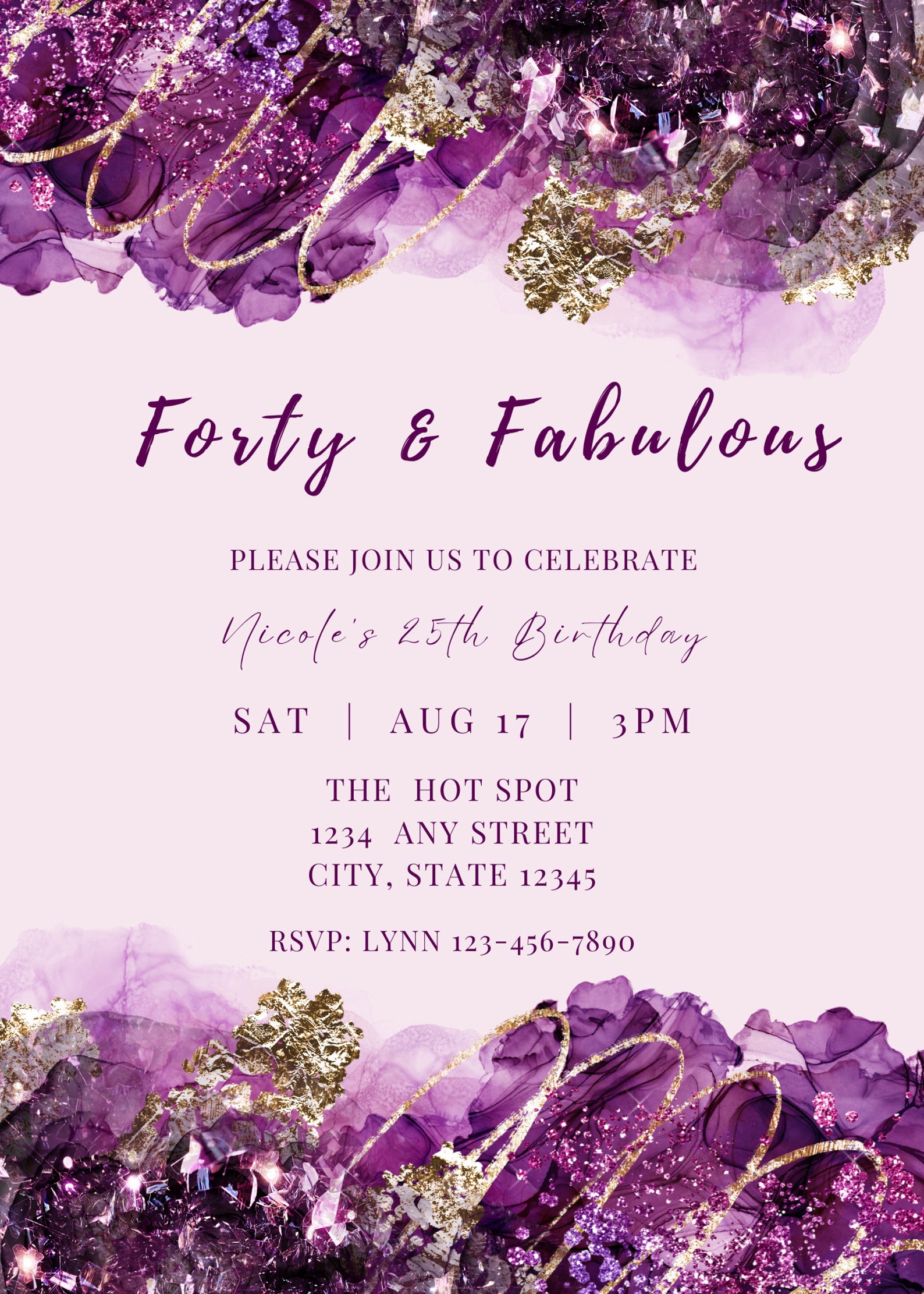 Editable Purple and Gold Invitation Forty and Fabulous - Etsy