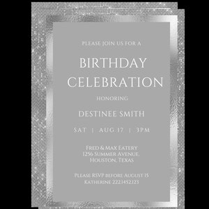 Editable Silver Birthday Celebration Invitation, Silver Invitation ...