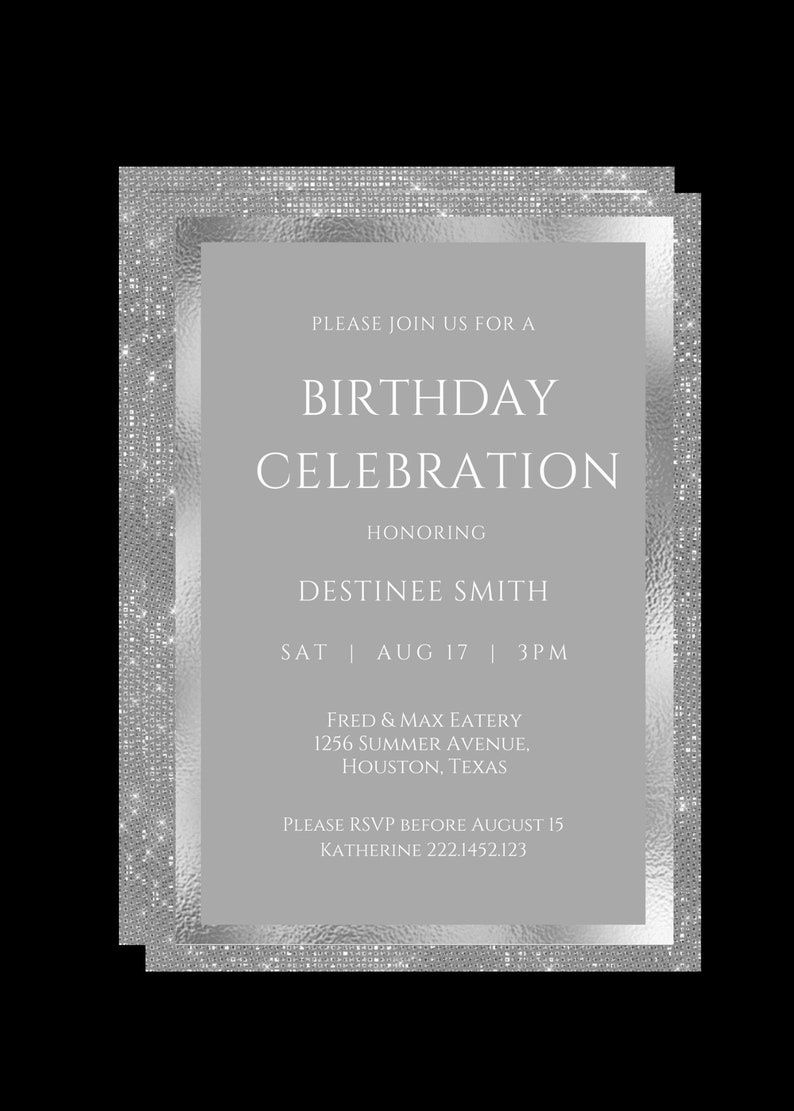 Editable Silver Birthday Celebration Invitation Silver - Etsy