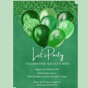 Editable Green Birthday Invitation, Let's Party Green Balloons Invite ...