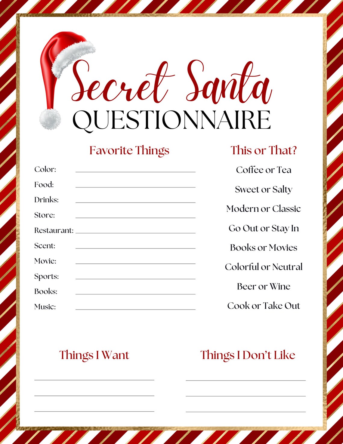 Secret Santa Questionnaire Printable, Editable Gift Exchange Survey - Etsy