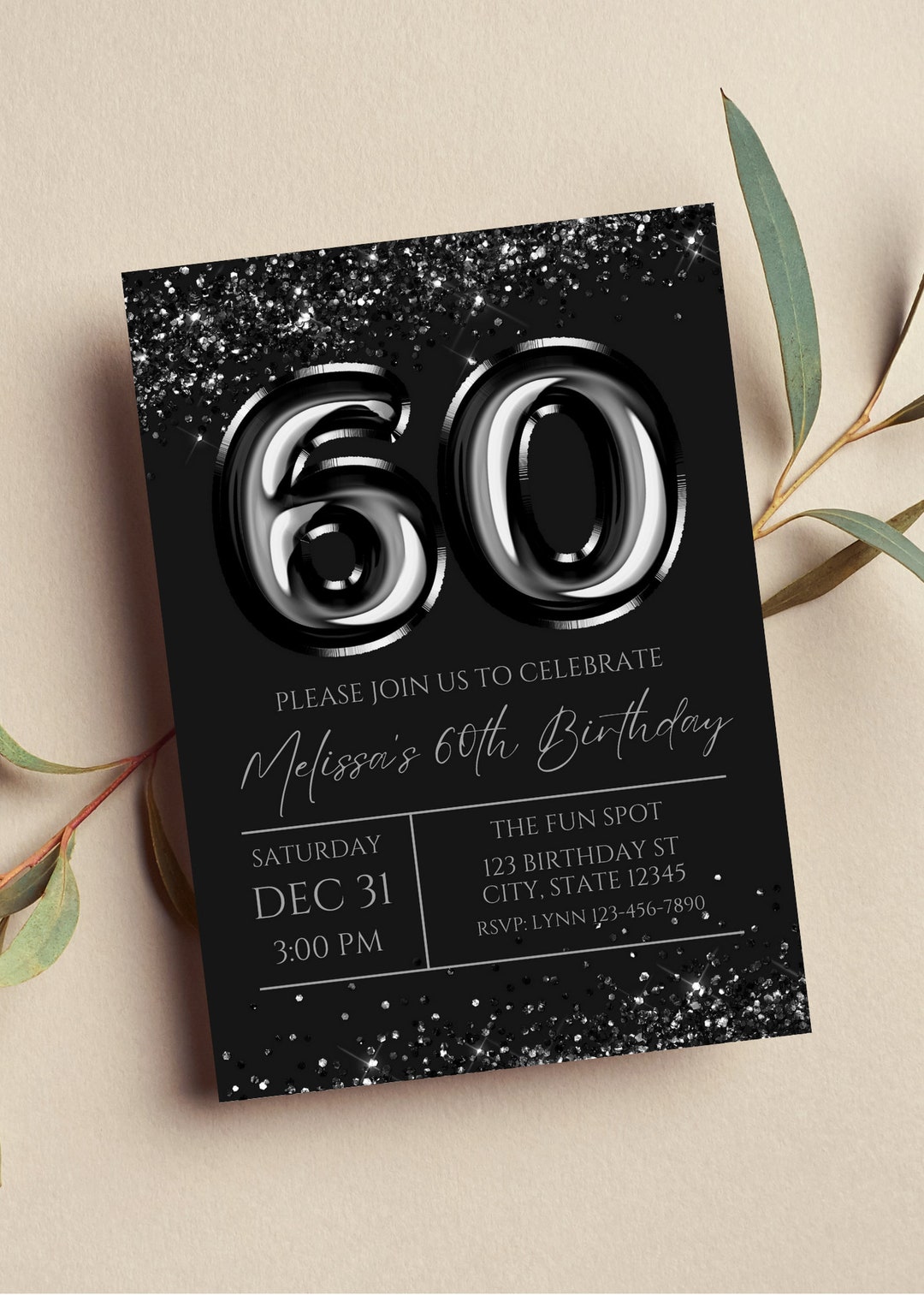 Editable 60th Birthday Invitation, All Black Invitation, Black 60 ...