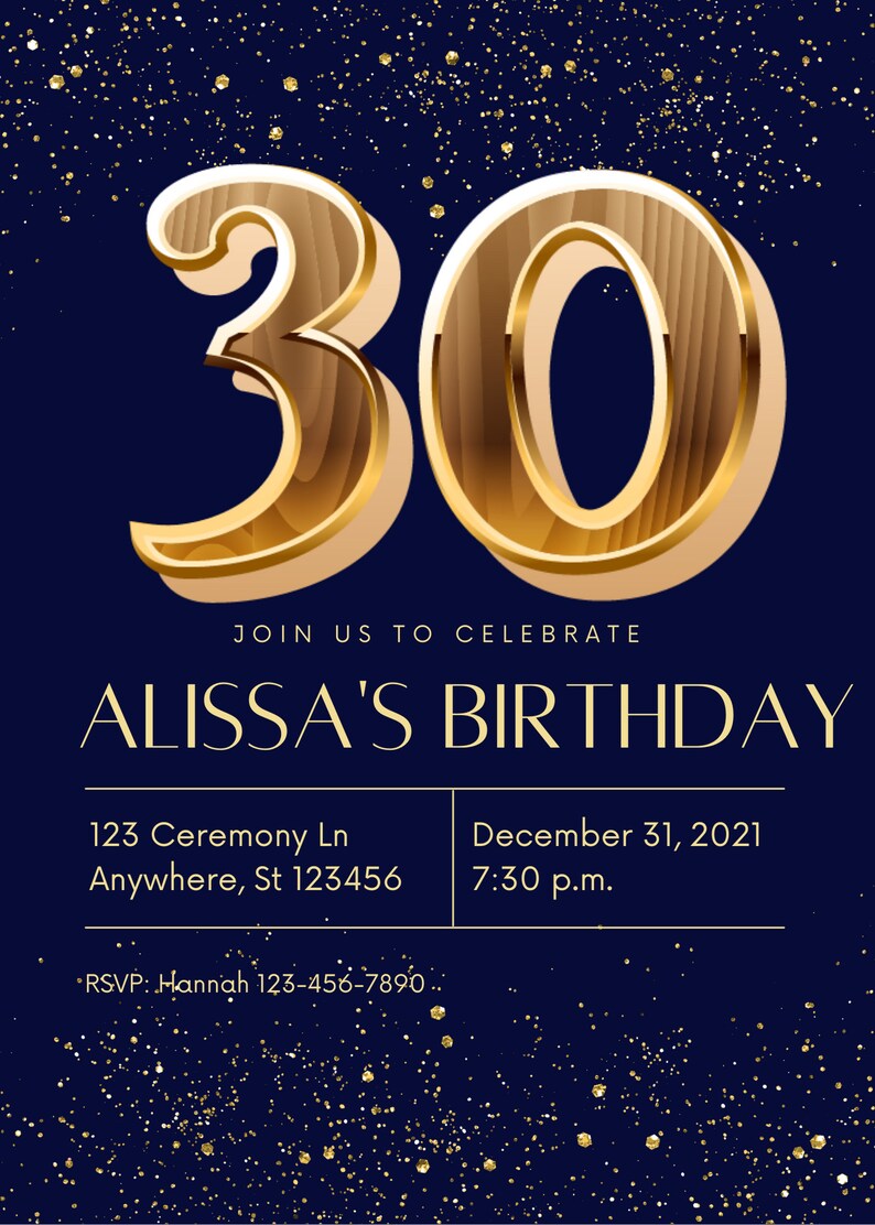 Editable 30th Birthday Party Invitation Blue and Gold | Etsy