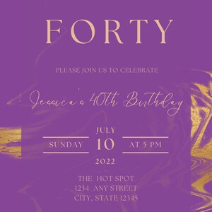 Editable Purple and Gold Birthday Invitation, Marble, Luxury, Printable ...