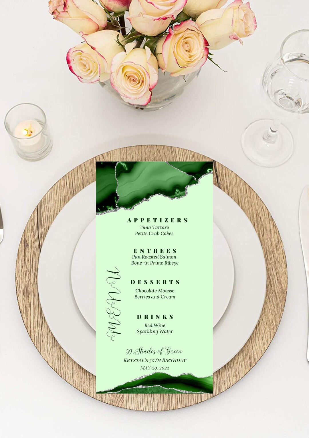 Editable Shades of Green Menu Card Template, Green and Silver, Green ...