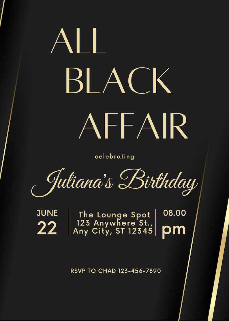 Black and Gold All Black Affair Invitation, Editable Black Tie Party ...