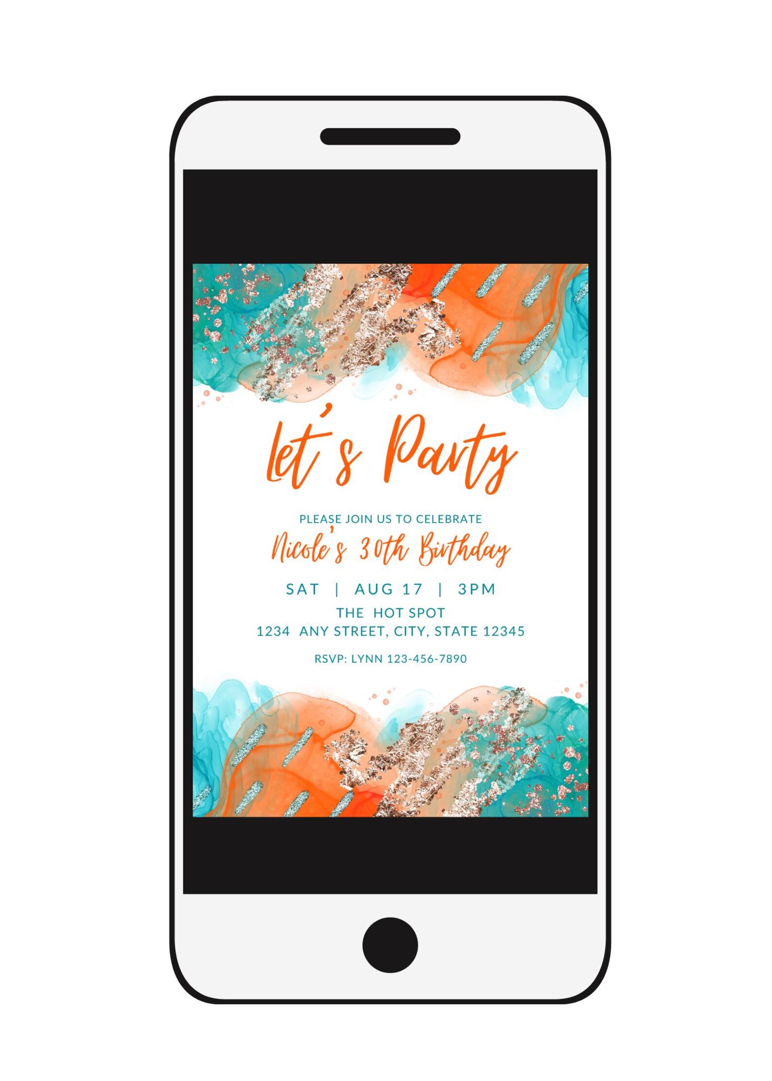 Editable Teal and Orange Birthday Invitation, Let's Party, Printable or ...
