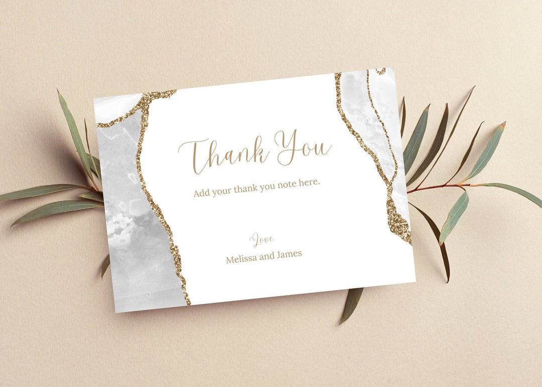 Printable Thank You Card, Editable White and Gold Thank You Note, White ...
