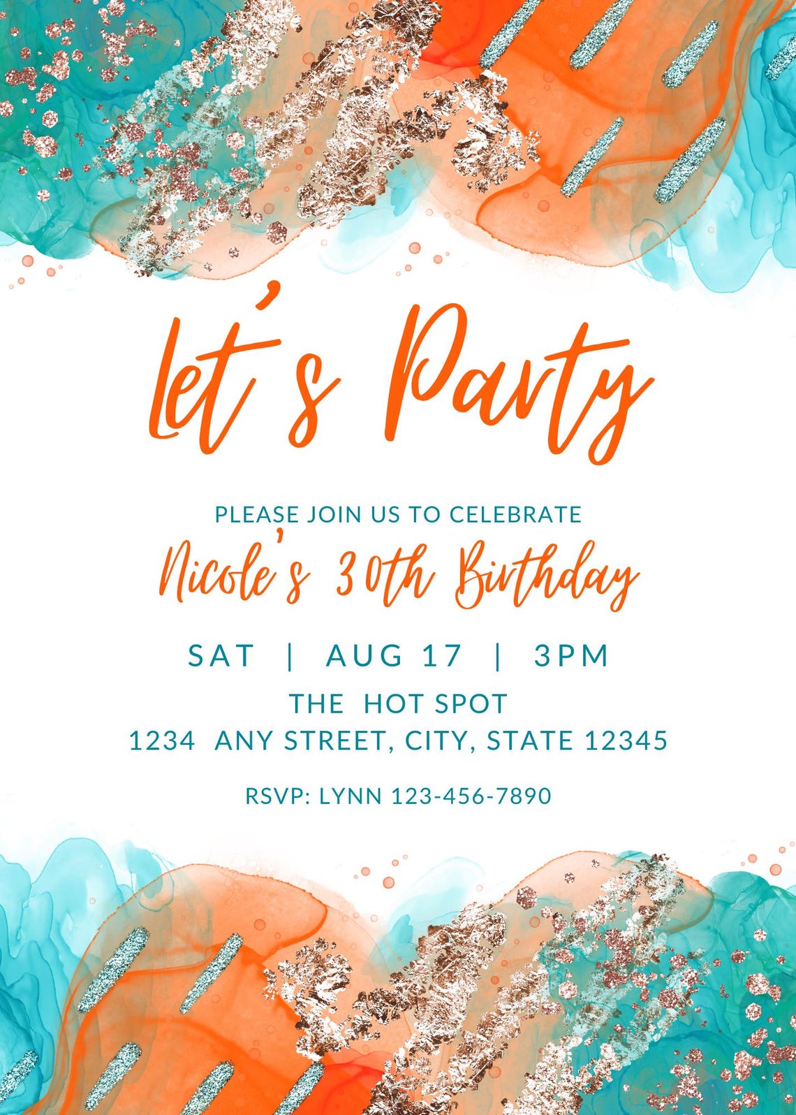 Editable Teal and Orange Birthday Invitation, Let's Party, Printable or ...