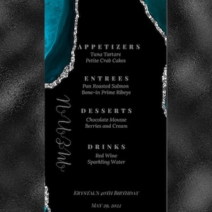 Editable Teal and Silver Menu Template, Birthday Dinner Menu Card ...