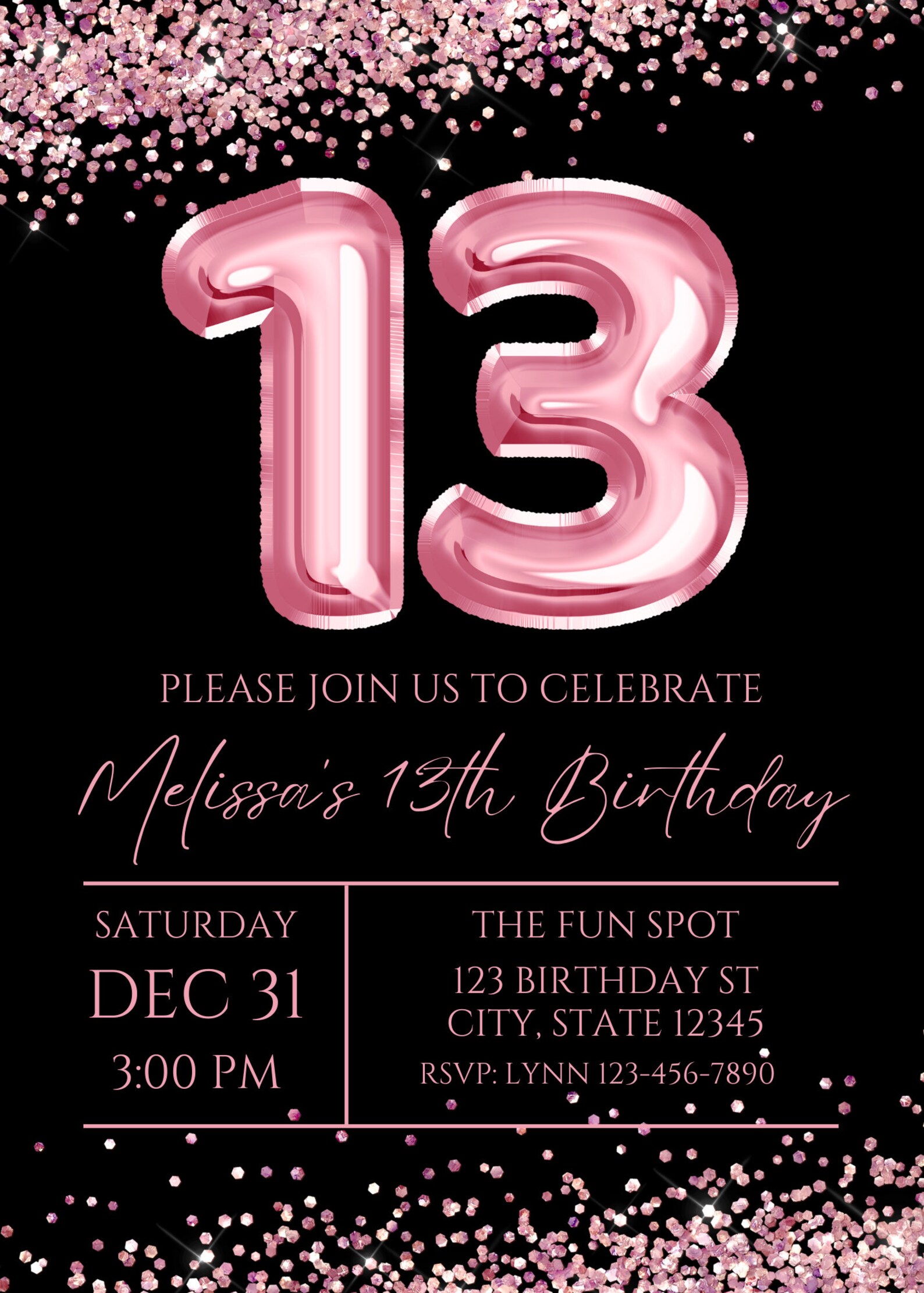 Editable 13th Birthday Invitation Pink and Black Invitation - Etsy