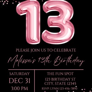 Editable 13th Birthday Invitation, Pink and Black Invitation, Pink 13 ...