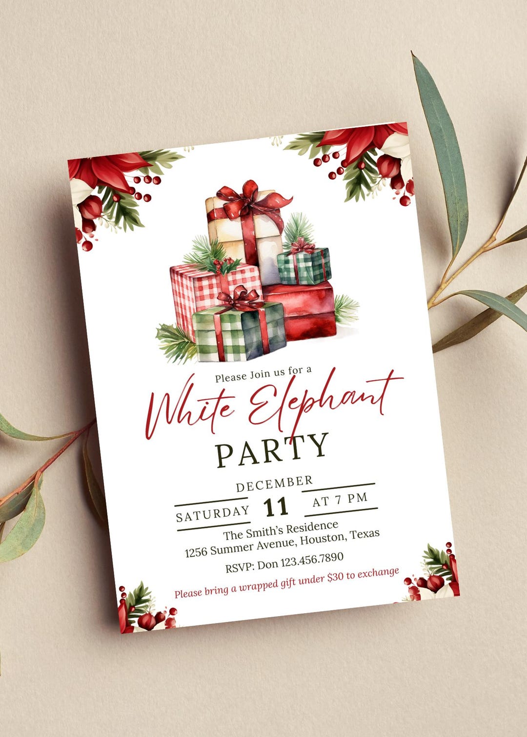 Editable White Elephant Invitation, Gift Exchange Christmas Party ...