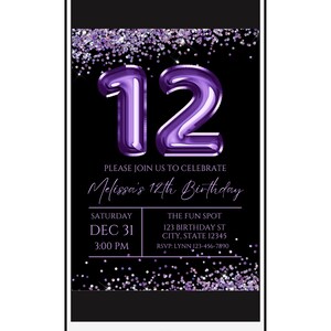 Editable 12th Birthday Invitation, Purple and Black Invitation, Purple ...