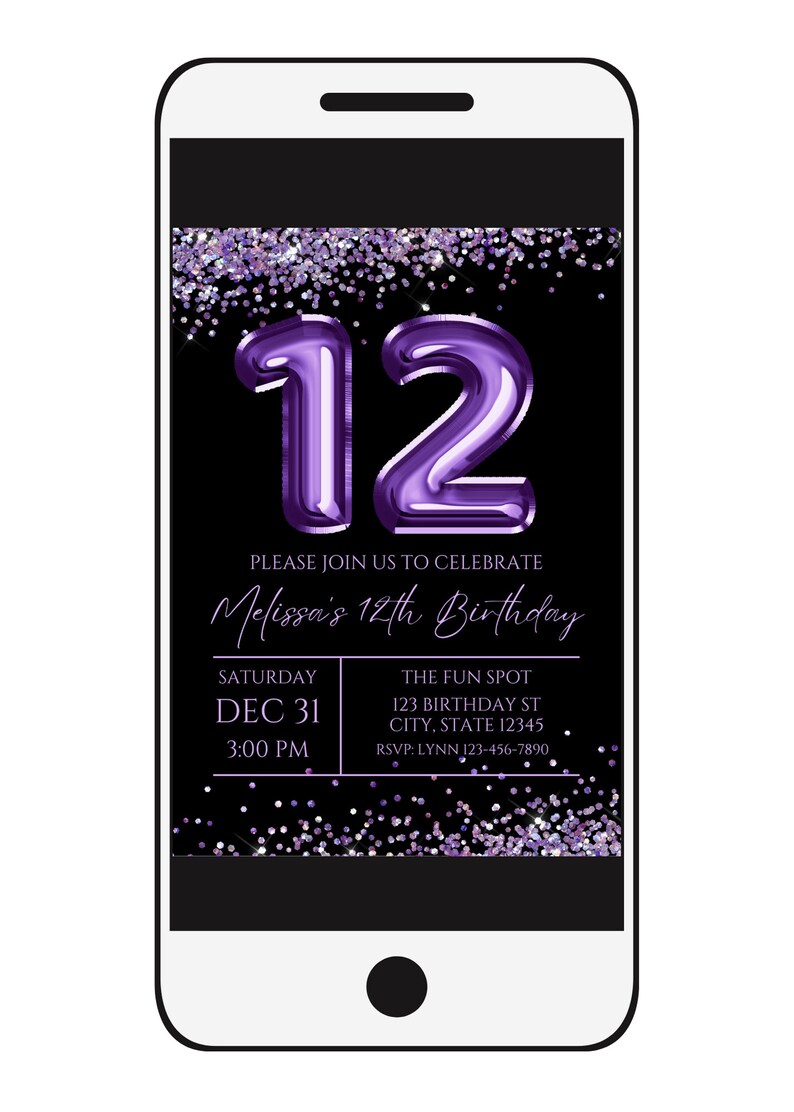 Editable 12th Birthday Invitation, Purple and Black Invitation, Purple ...