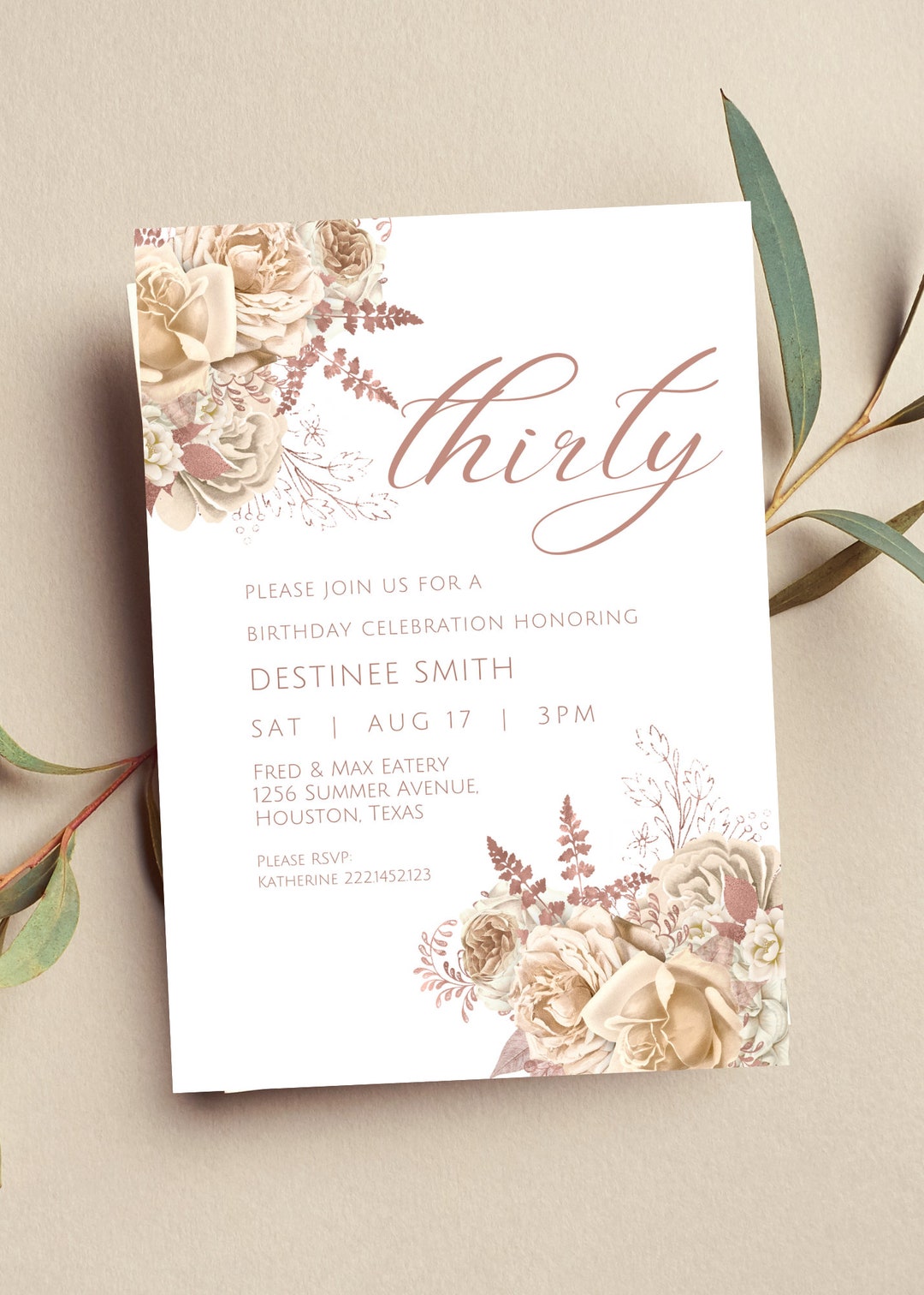 Editable Ivory and Rose Gold Floral Invitation, Ivory and Rose Gold ...