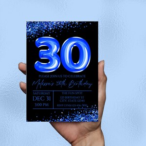 Editable 30th Birthday Invitation, Blue and Black Invitation, Blue 30 ...