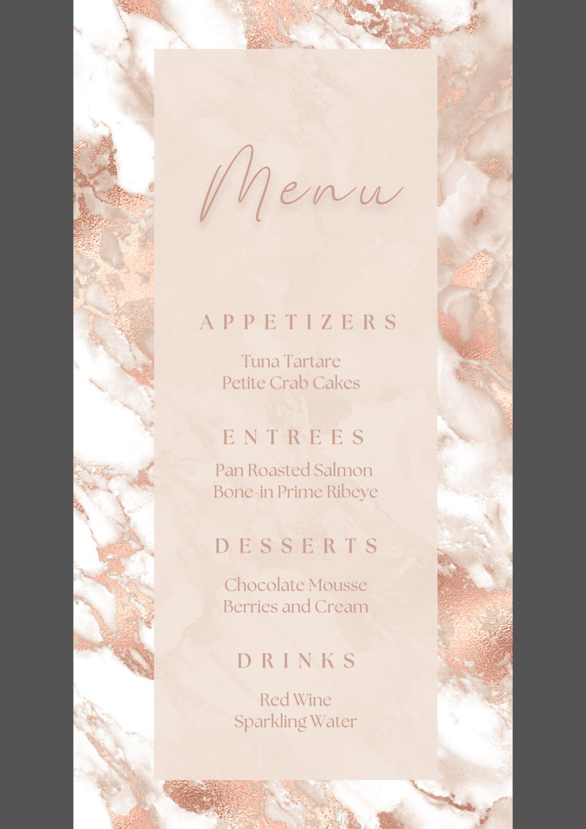 Editable White and Rose Gold Menu Card Template, Marble Design, Luxury ...