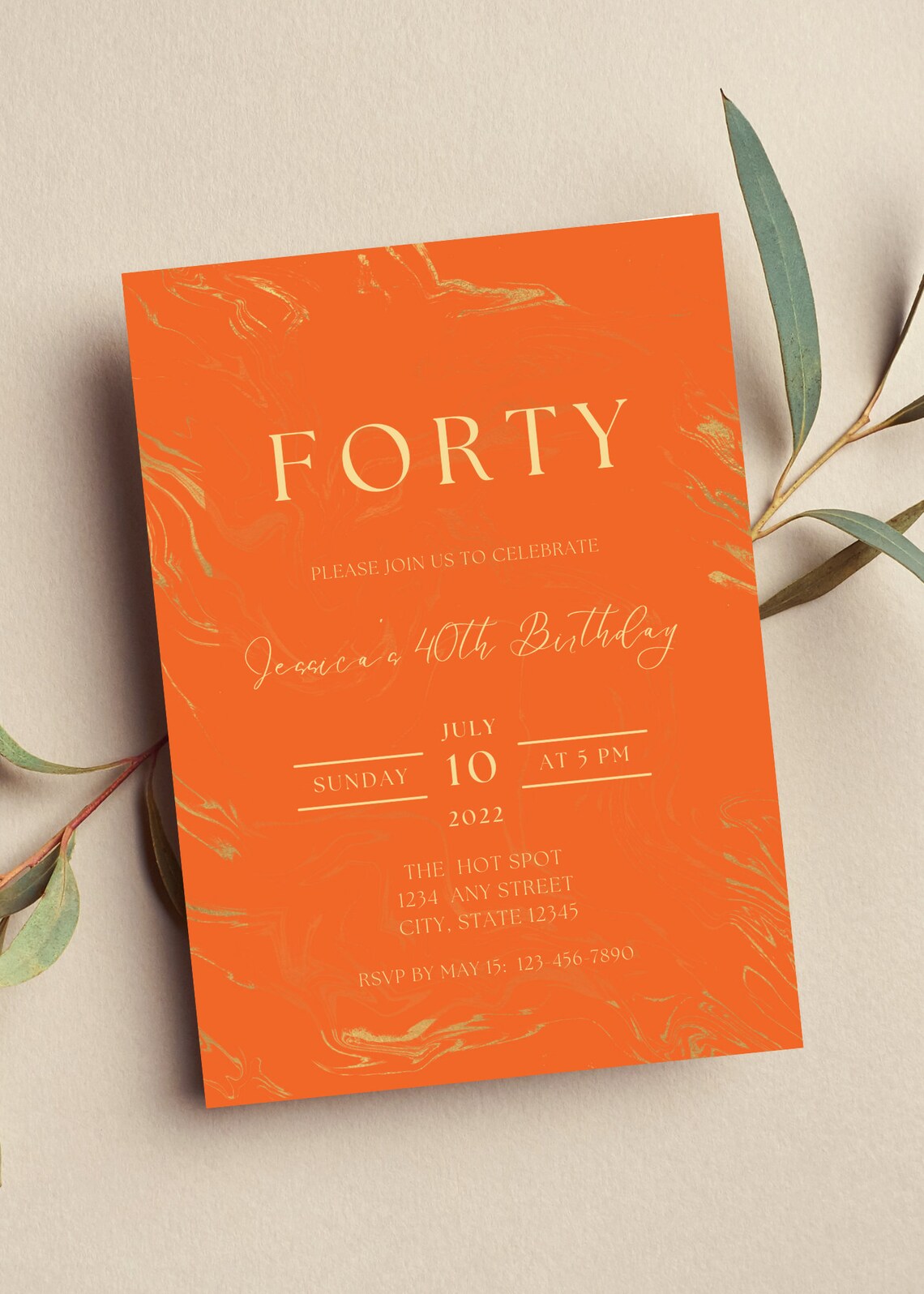 Editable Orange and Gold Birthday Invitation Orange Marble - Etsy