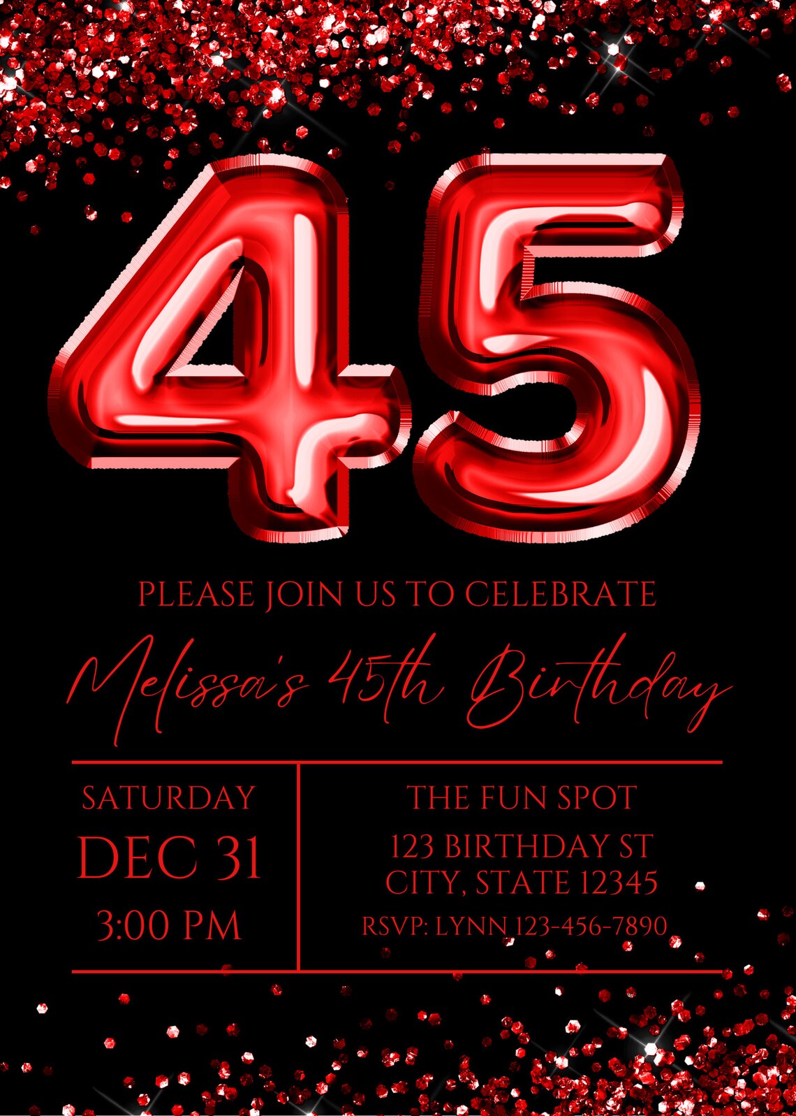 Editable 45th Birthday Invitation, Red and Black Invitation, Red 45 ...