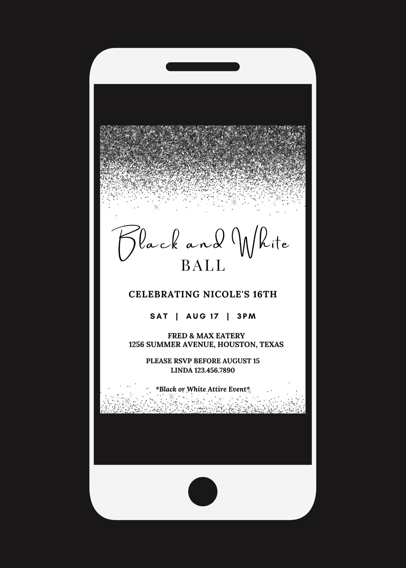 Editable Black and White Ball Invitation, Black Glitter, Print or Text ...