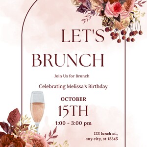 Editable Let's Brunch Invitation, Autumn Flower Birthday Brunch, Fall ...