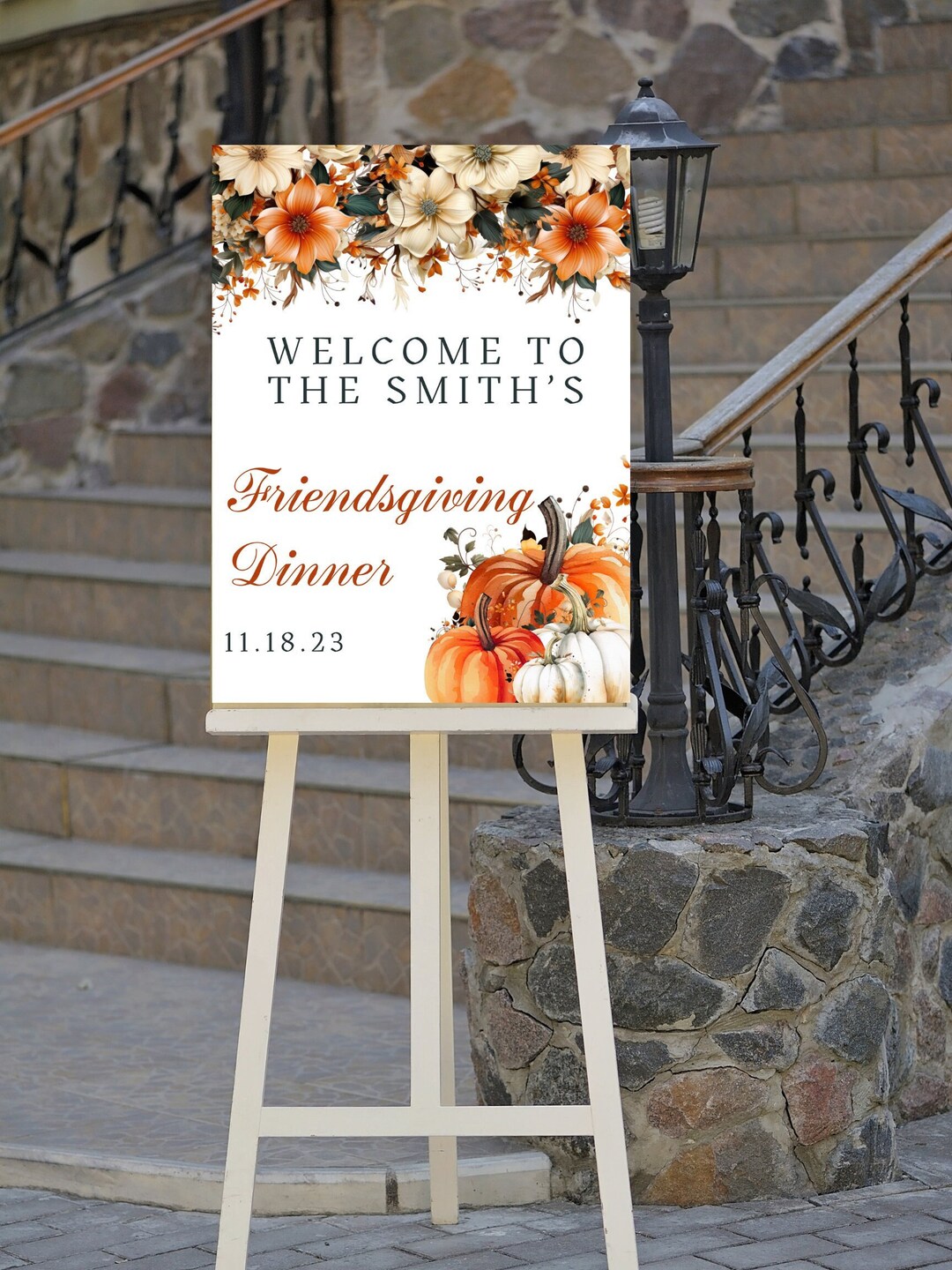 Editable Friendsgiving Welcome Sign Autumn Floral Pumpkin Thanksgiving ...