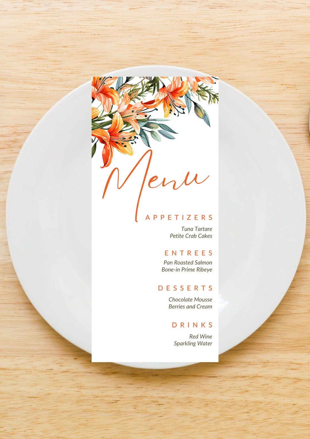 Editable Menu Card Template, Orange Floral Menu Cards, Birthday, Dinner ...