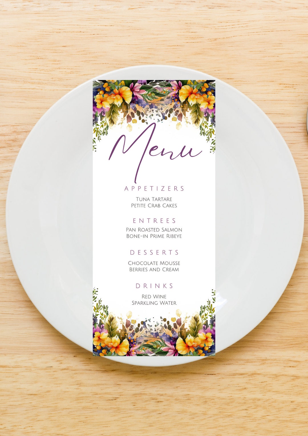 Editable Menu Cards Template, Purple and Yellow Floral Menu, Birthday ...