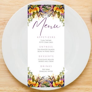 Editable Menu Cards Template, Purple and Yellow Floral Menu, Birthday ...
