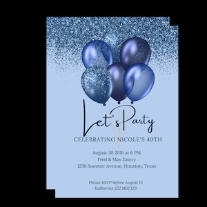 Editable Blue Birthday Invitation, Let's Party Blue Balloons Invite ...