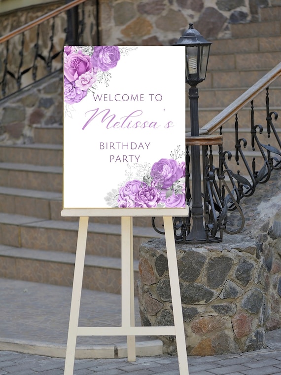 Editable Lavender and Silver Birthday Welcome Sign Floral - Etsy