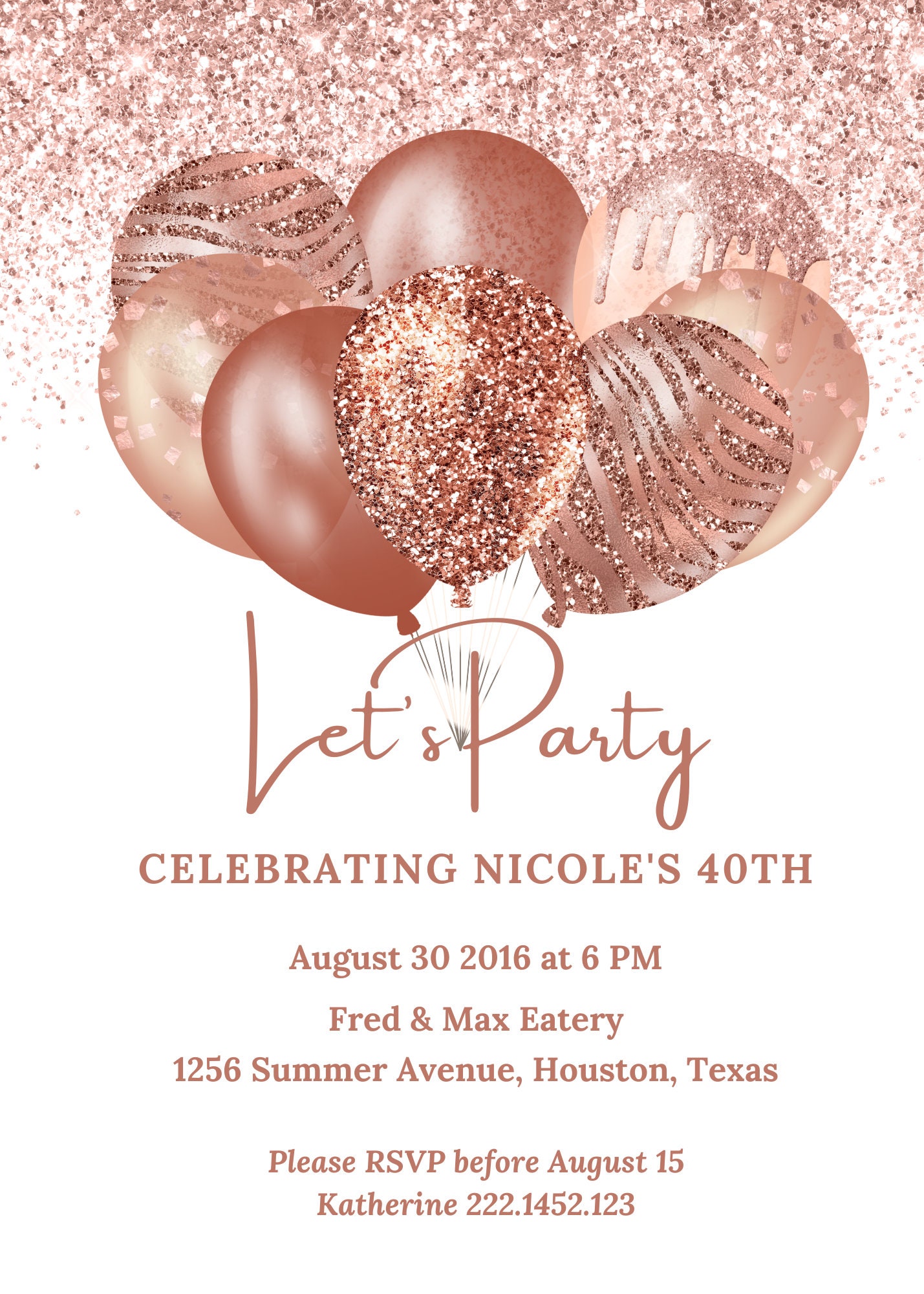 Editable Rose Gold Birthday Invitation, Let's Party Rose Gold and White ...