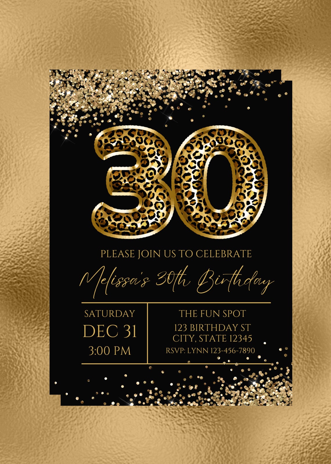 Editable 30th Birthday Invitation, Leopard Print, Black and Gold ...
