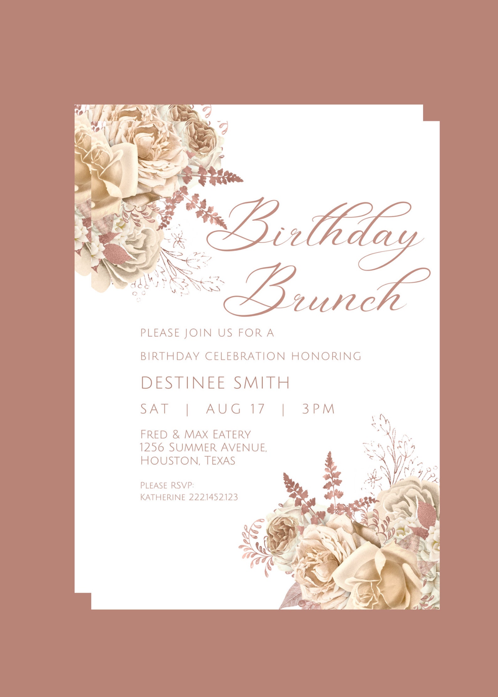 Editable Birthday Brunch Invitation, Ivory and Rose Gold Floral Brunch ...