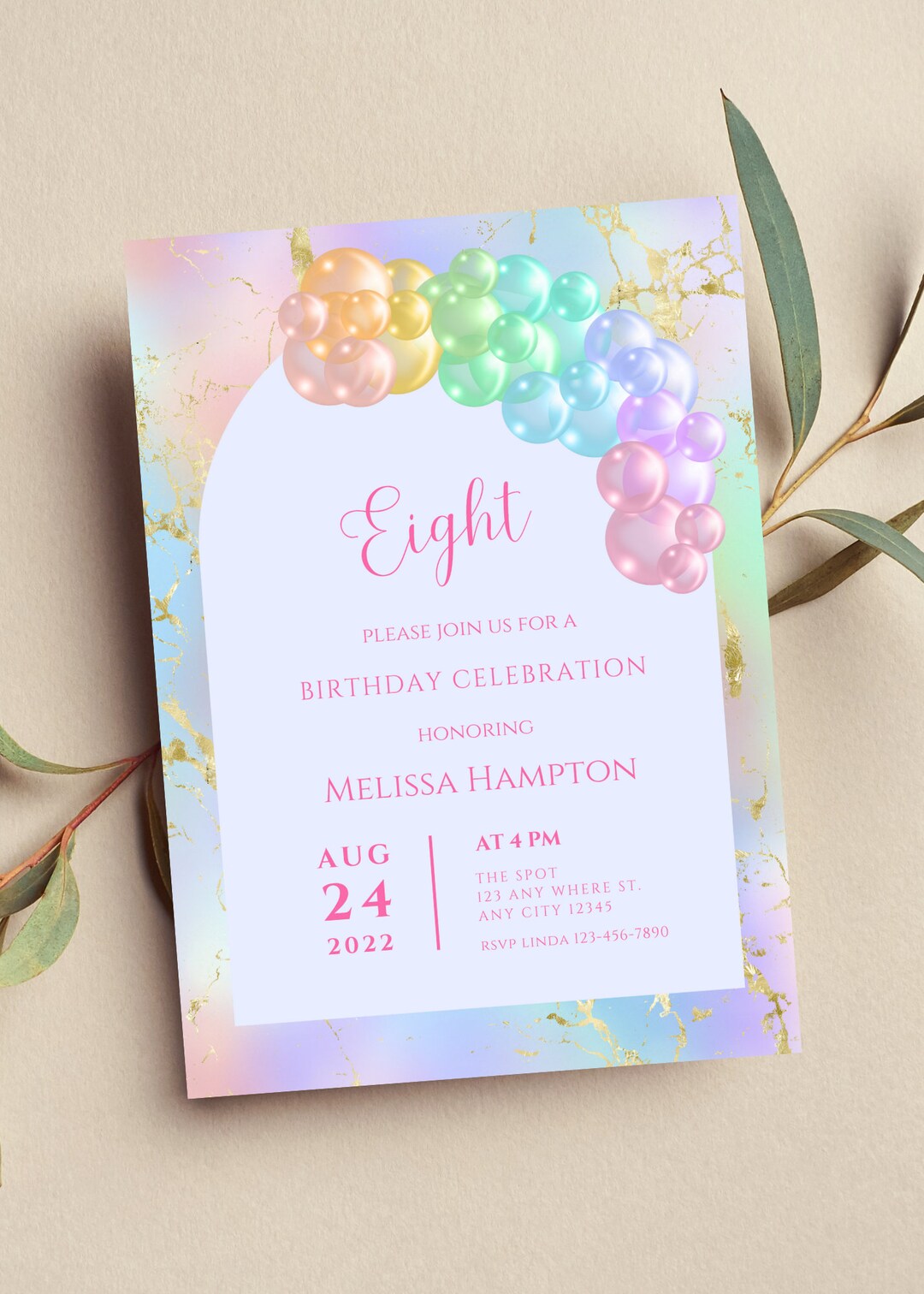 Editable Pastel Birthday Invitation, Rainbow Pastel Balloon Arch Invite ...